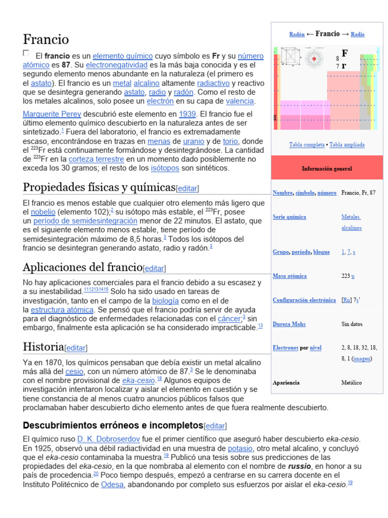 Francio: Propiedades y Descubrimiento | PDF | Átomos | Ciencias fisicas