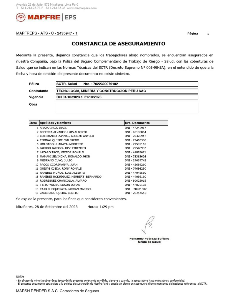 SCTR - Salud Octubre 2023.. | PDF | Póliza de seguros | Derecho privado