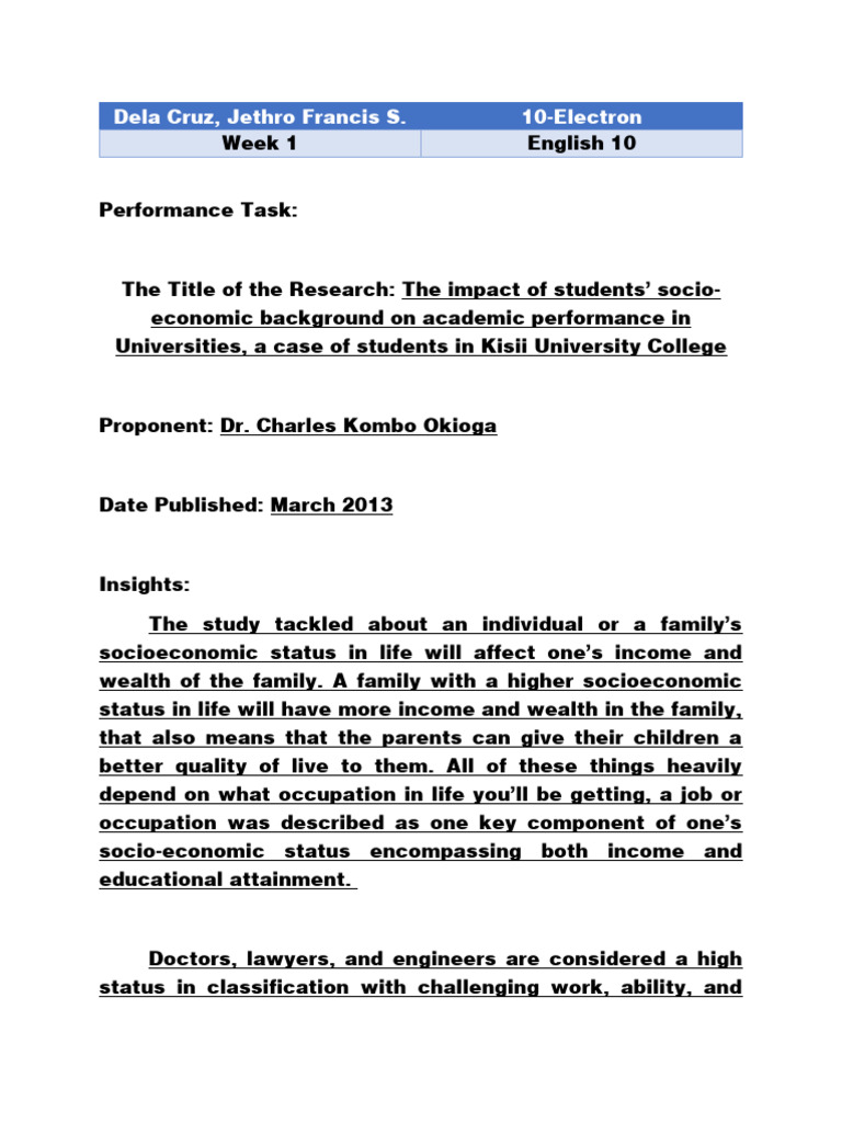 Dela Cruz, Jethro Francis S. 10-Electron Week 1 | PDF | Socioeconomic Status | Psychological ...