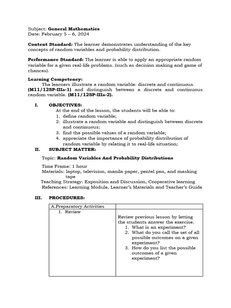 Lesson Plan | PDF | Probability Distribution | Random Variable Lesson Plan | PDF | Probability Distribution | Random Variable