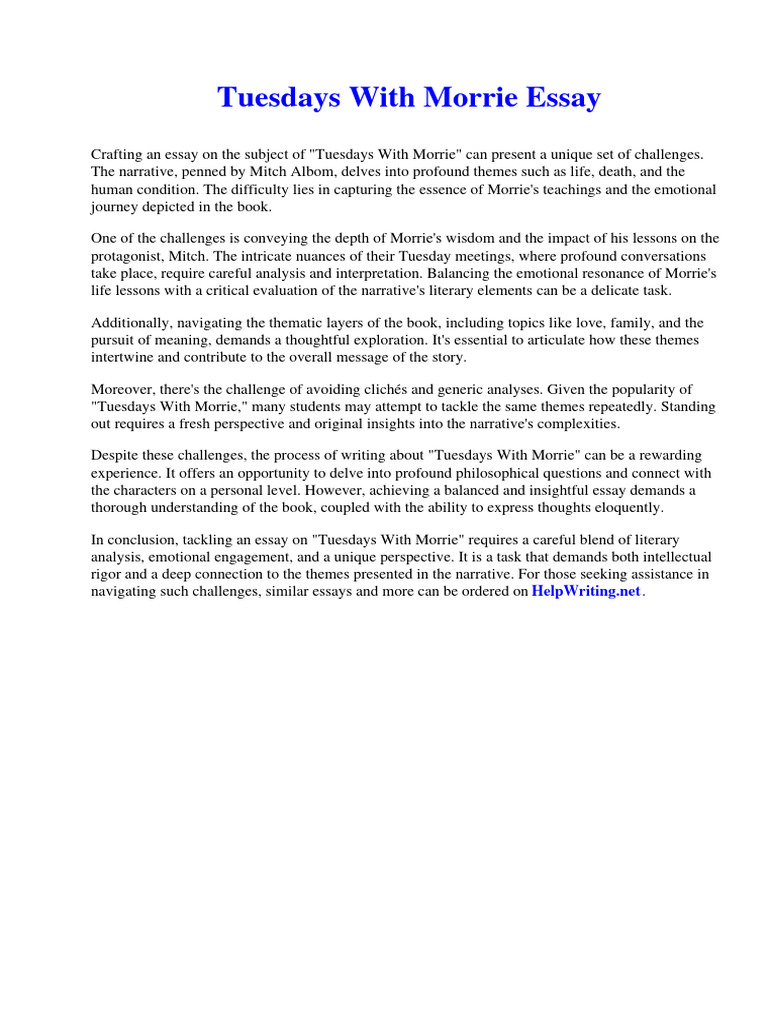 Tuesdays With Morrie Essay | PDF | Behaviorism | Psychoanalysis