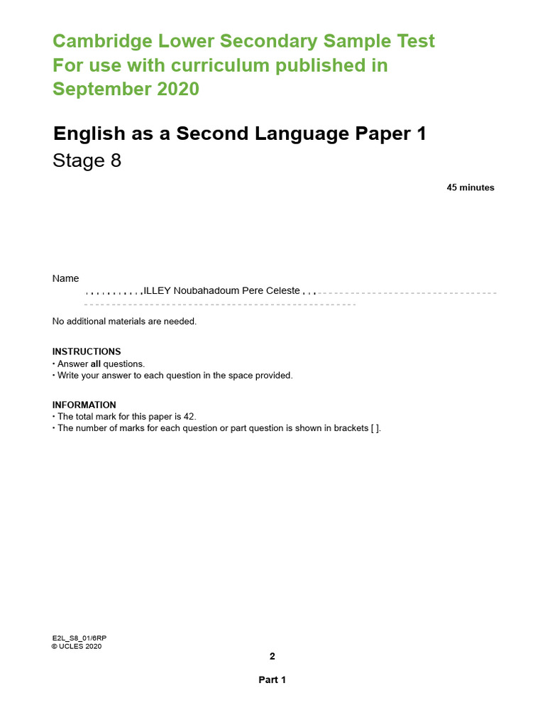 English As A Second Language Stage 8 Sample Paper 1 - tcm143-595842 ...