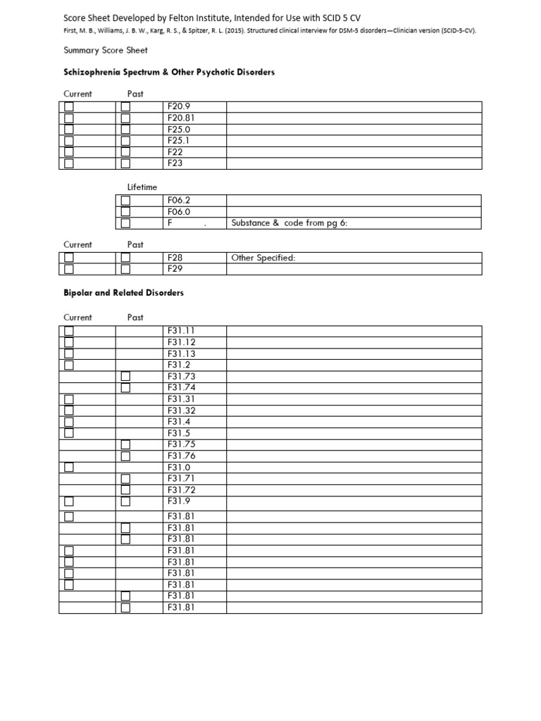 SCID 5 CV - ScoreSheet | PDF | Bipolar Disorder | Mood Disorders