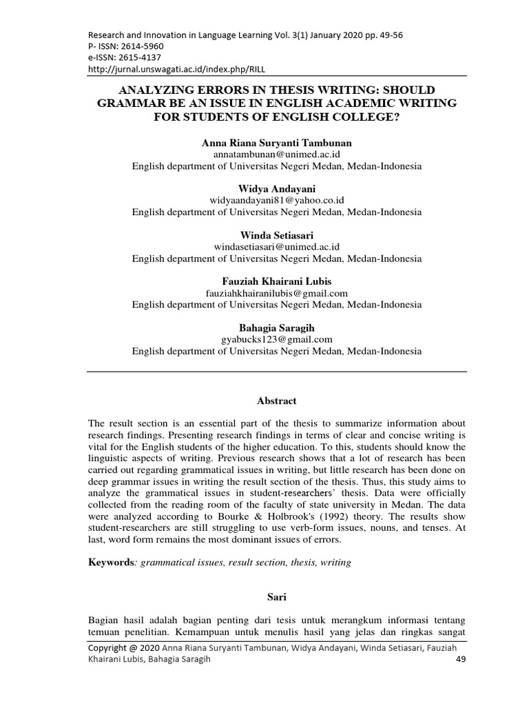 2020 Analyzing Errors in Thesis Writing, Should Grammar Be An Issue in English Academic Writing ...