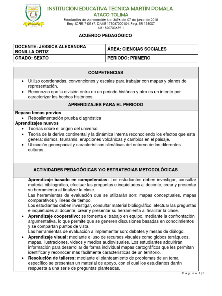 Acuerdo Pedagógico Primer Periodo Sexto | PDF