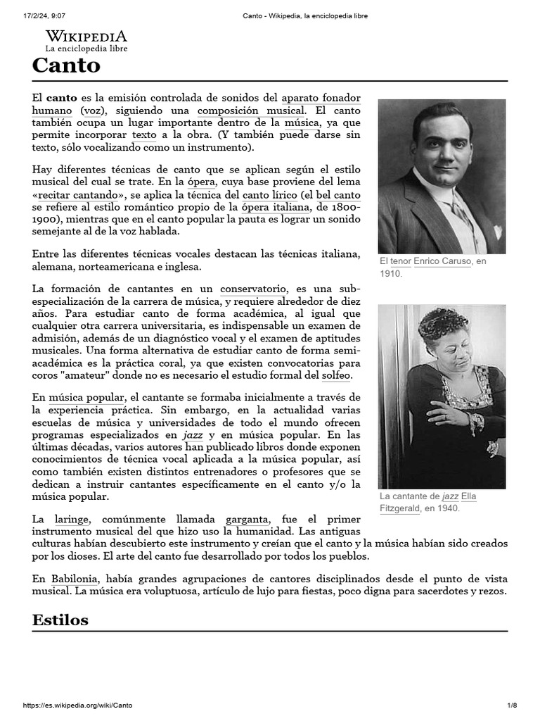 Canto - Wikipedia, La Enciclopedia Libre | PDF | Canto | Música vocal