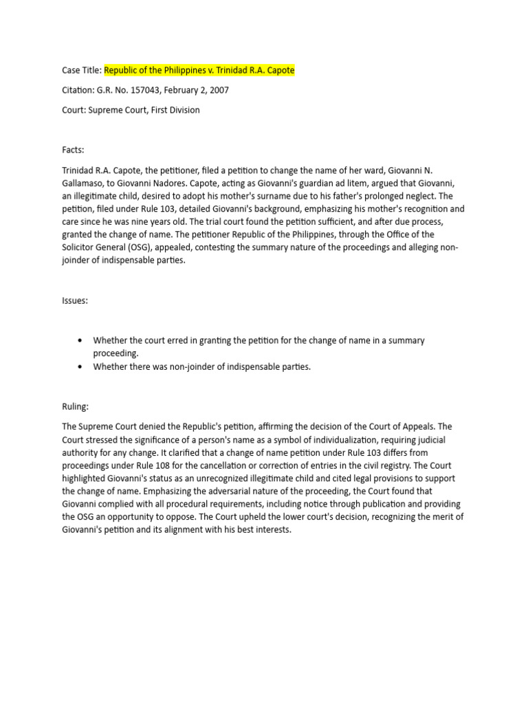 Case 31 - REPUBLIC V. CAPOTE - Munap | PDF