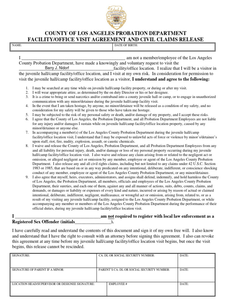 Los Angeles Probation Visit Agreement | PDF | Legal Liability | Indemnity