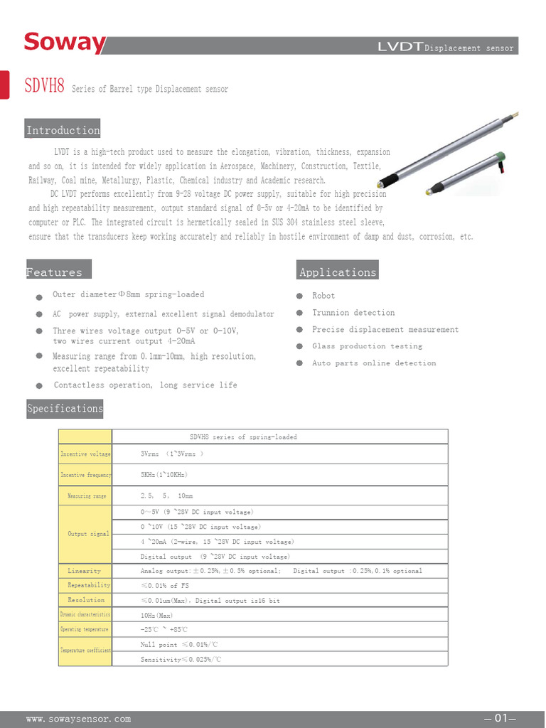 Soway LVDT Sensor-SDVH8 | PDF | Power Supply | Electrical Components