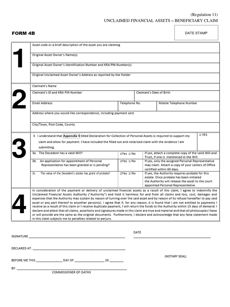 Beneficiary Claim Form 4B | PDF | Notary Public | Probate