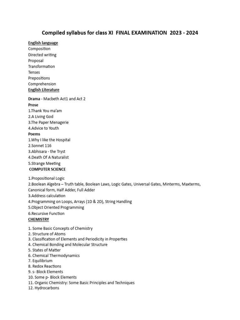 Compiled Syllabus For Class XI FINAL EXAMINATION 2023-24 | PDF | Chemistry | Nationalism