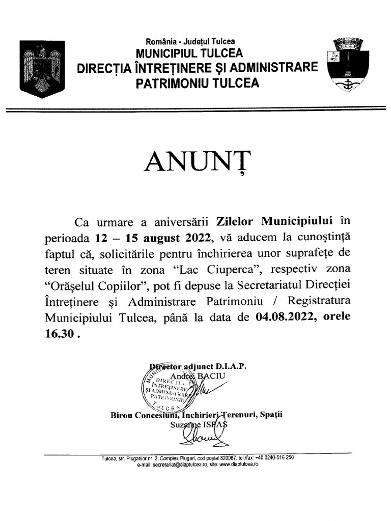 Anunt perioada depunere cereri pentru Zilele Municipiului | PDF