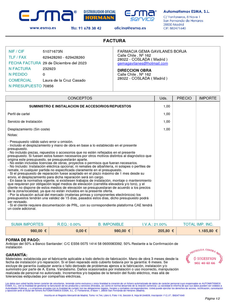 Factura: Nif / Cif TLF / Fax Fecha Factura N Factura N Pedido Comercial ...