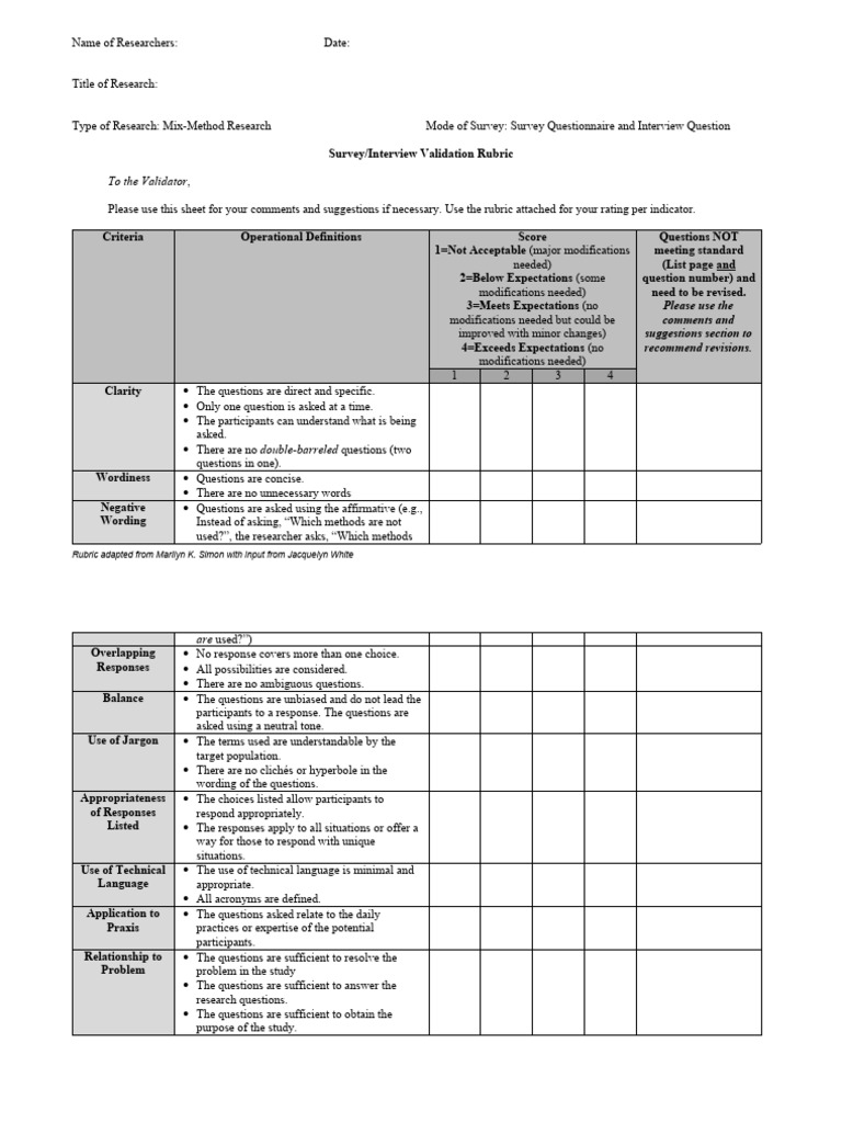 Research Questionnaire Validation Rubric | PDF | Rubric (Academic ...