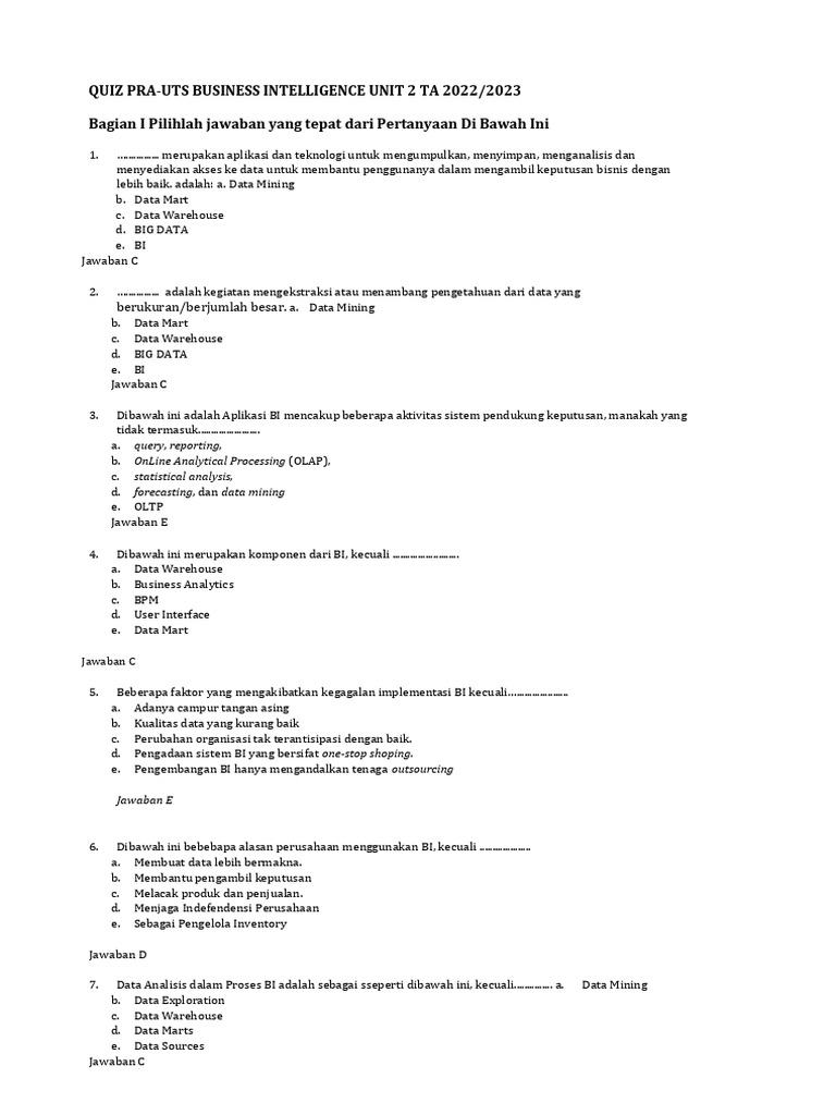 KISMULLAH (210705092) Quiz Pra-UTS BI Unit 2 | PDF
