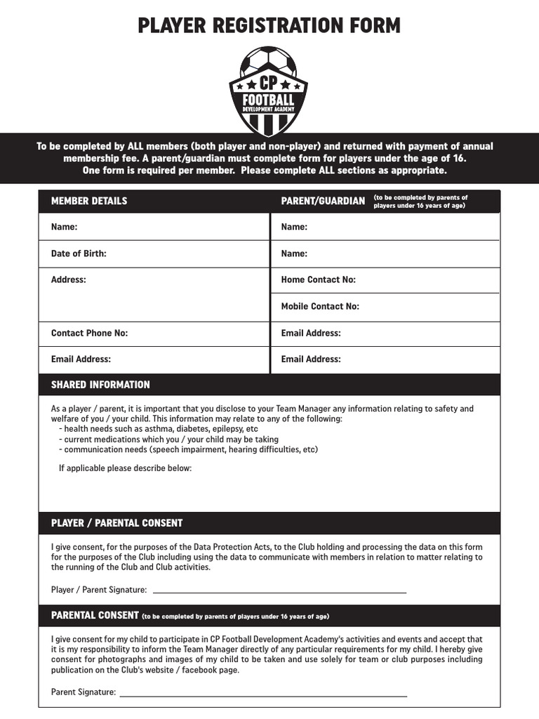 CP Football Member Form | Download Free PDF | Parent | Sports