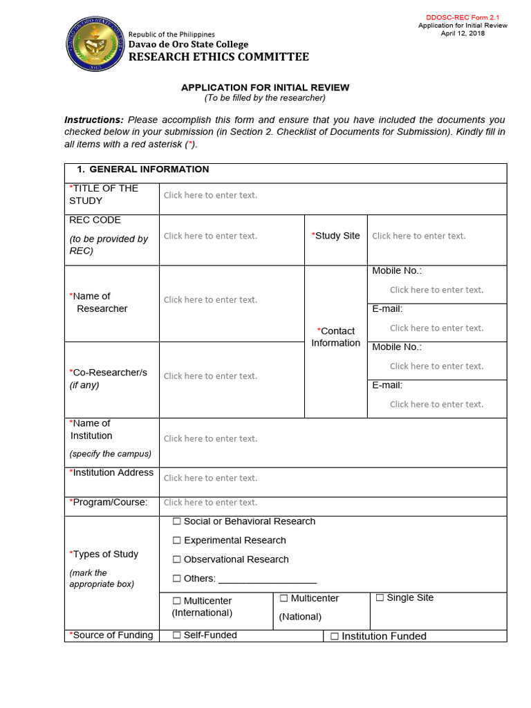 DDOSC-REC Form 2.1 Application For Initial Review | PDF