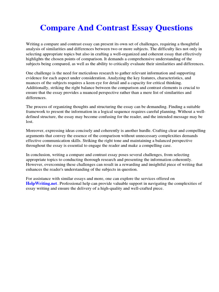 Compare and Contrast Essay Questions | PDF | Classical Conditioning ...