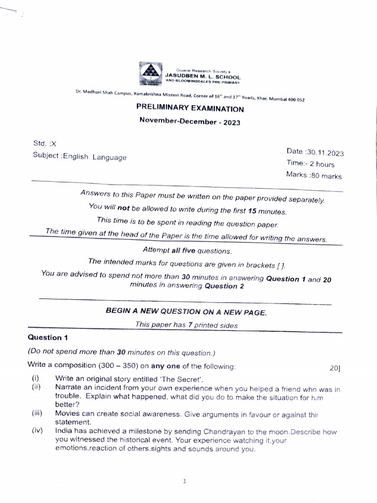 JML Eng Lang Prelims Paper | PDF