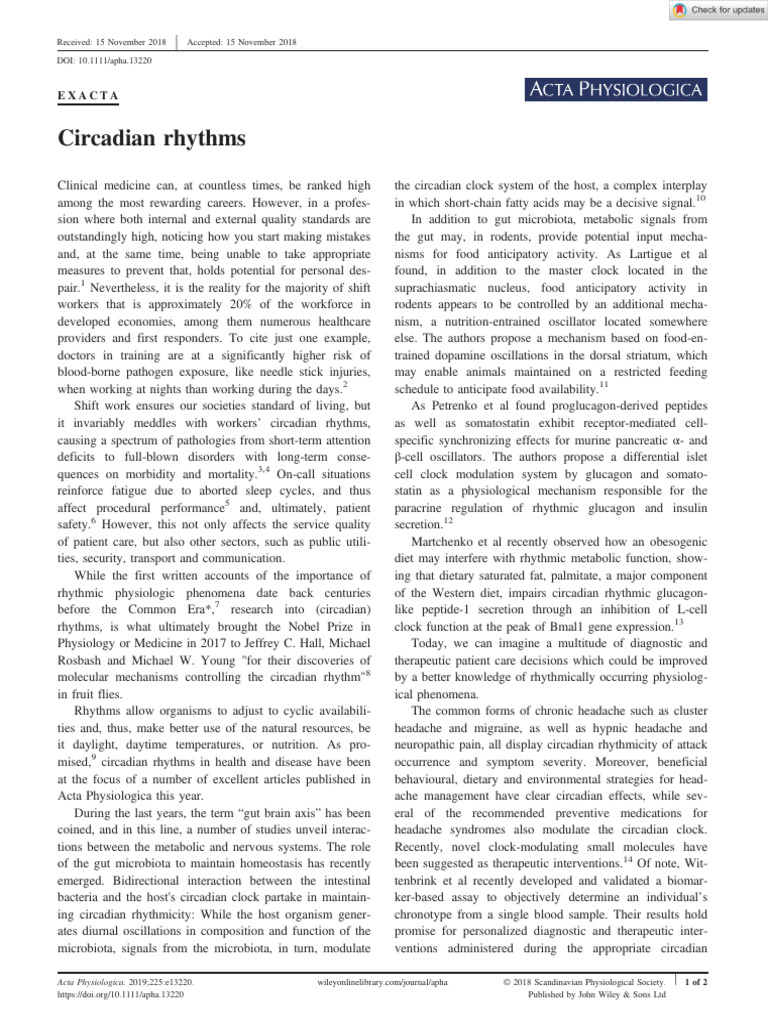 Acta Physiologica - 2018 - Persson - Circadian Rhythms | PDF ...