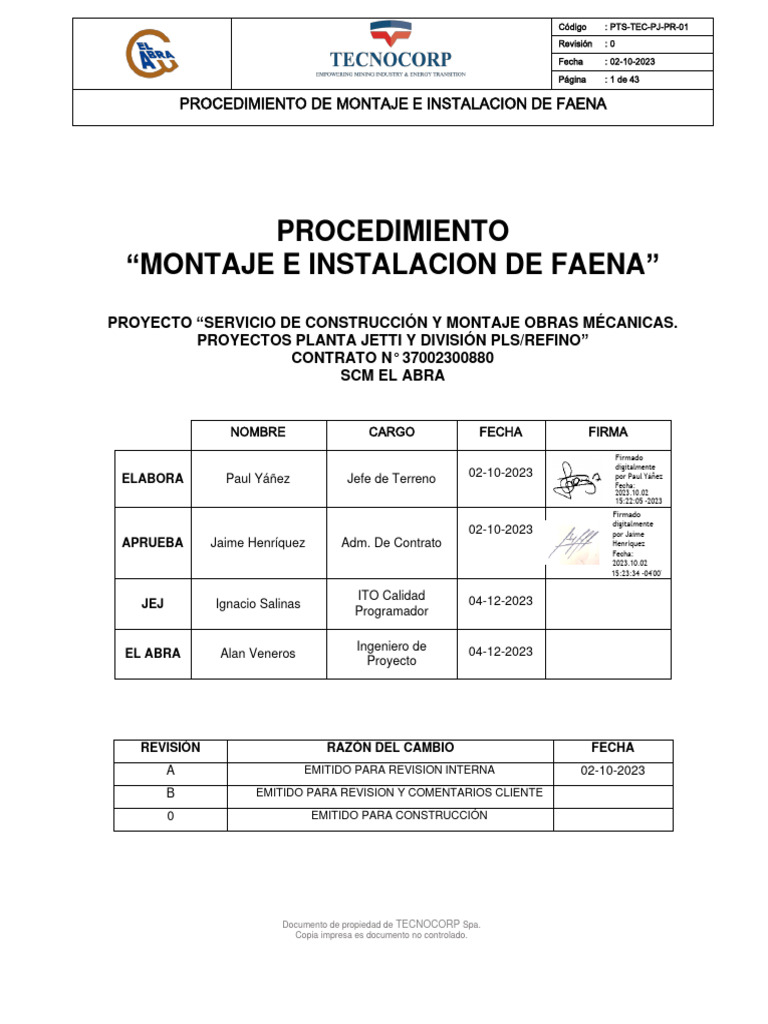 Pts Tec PJ PR 01 Instalacion de Faena | PDF | Camión | Máquina elevadora