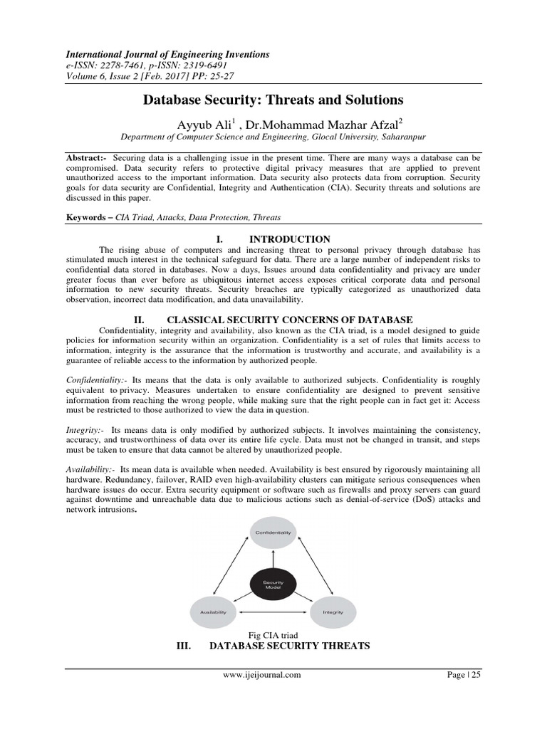 Database Security Threats And Solutions Pdf Information Security Security