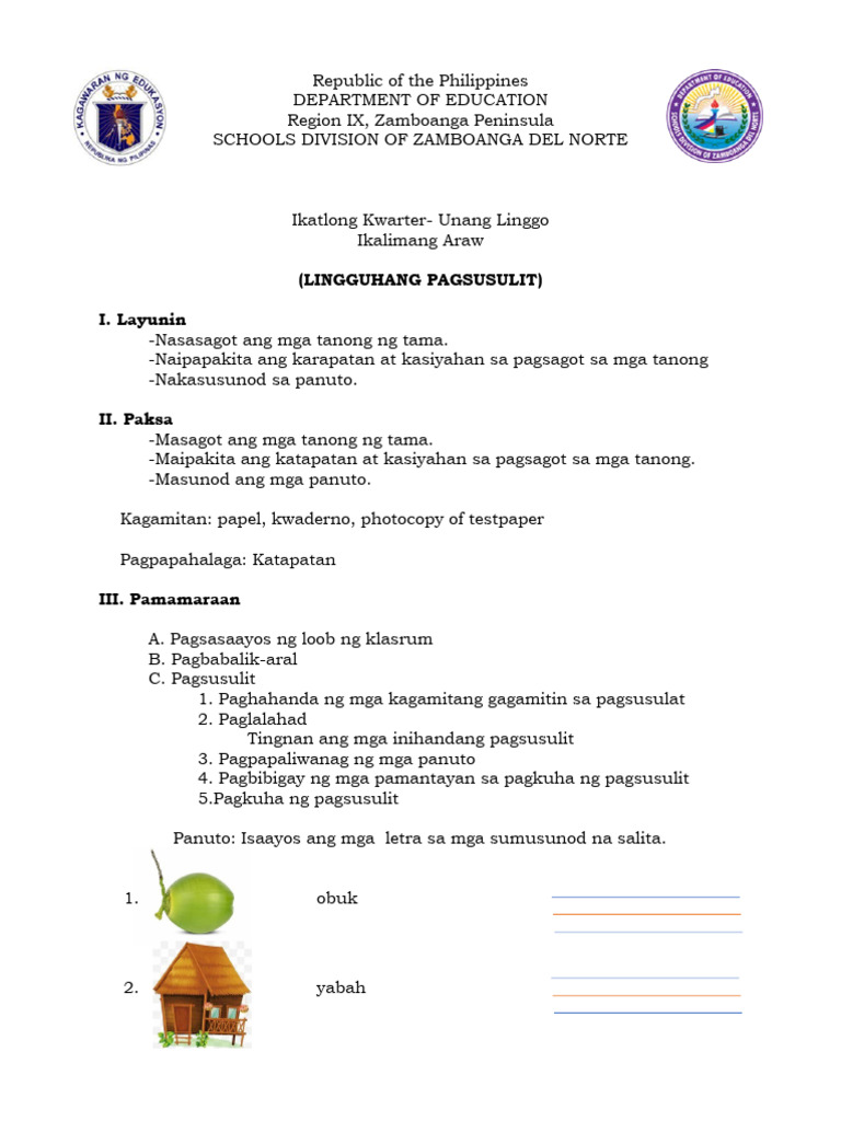 (Lingguhang Pagsusulit) I. Layunin | PDF