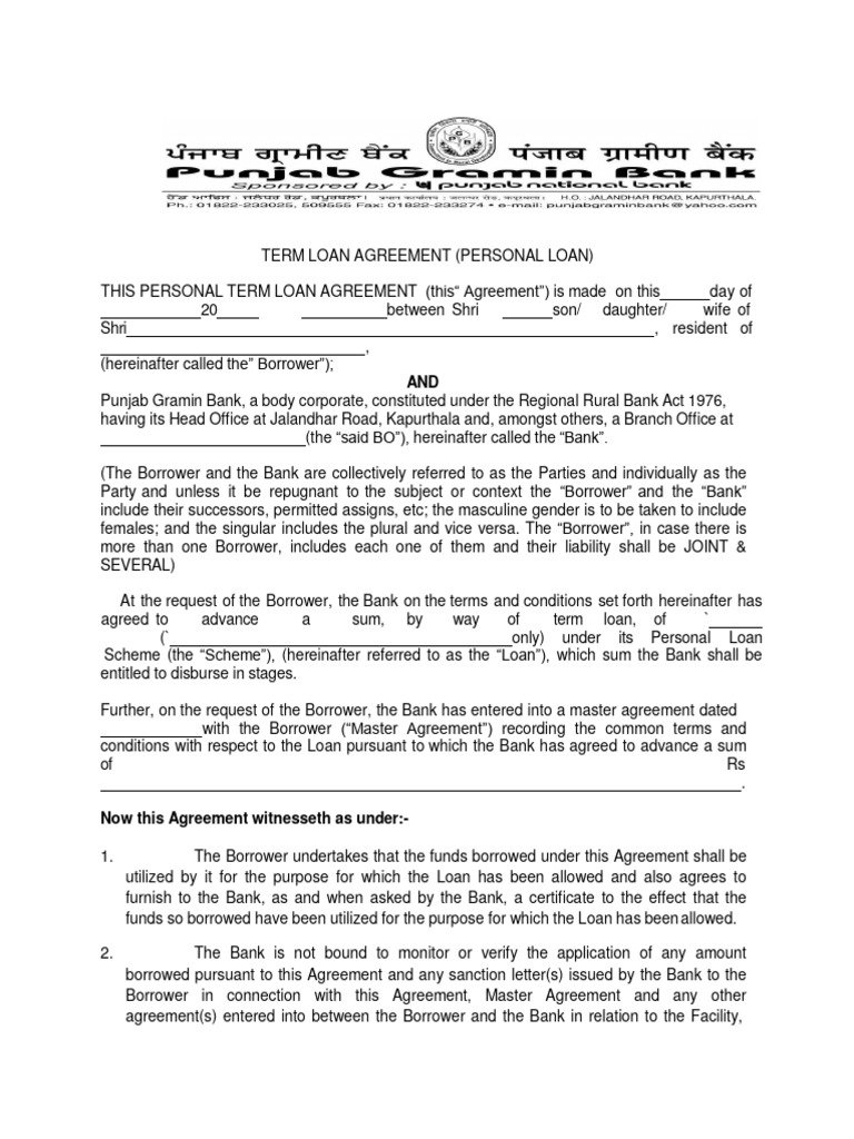Punjab Gramin Bank Personal Loan Agreement | PDF | Banks | Interest