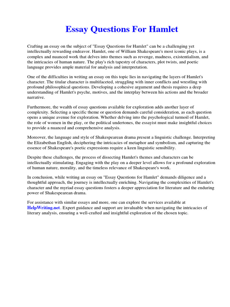 Essay Questions For Hamlet | Download Free PDF | Essays | Hamlet