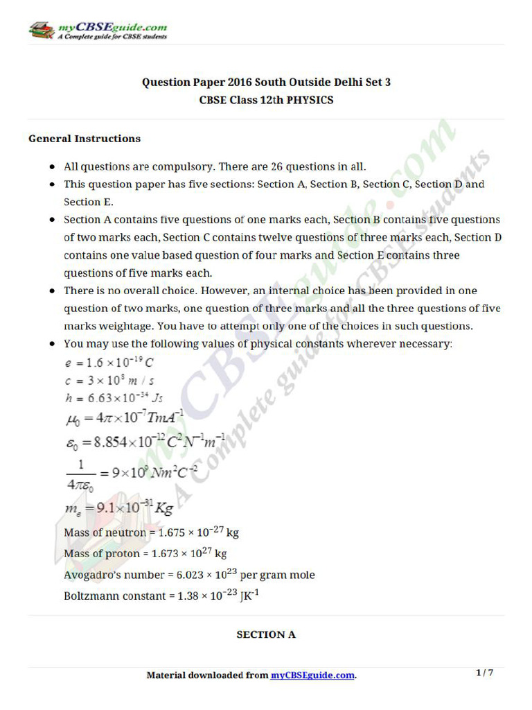 Class 12 Physics Sample Paper | PDF