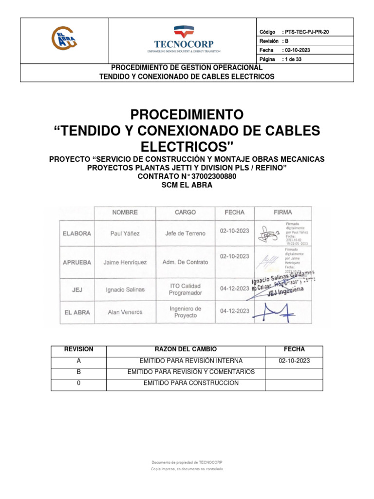 PTS-TEC-PJ-PR-20-TENDIDO Y CONEXIONADO DE CABLES ELECTRICOS | PDF ...