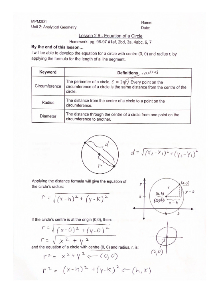 Lesson 2.6 Equation of A Circle Class Notes | PDF