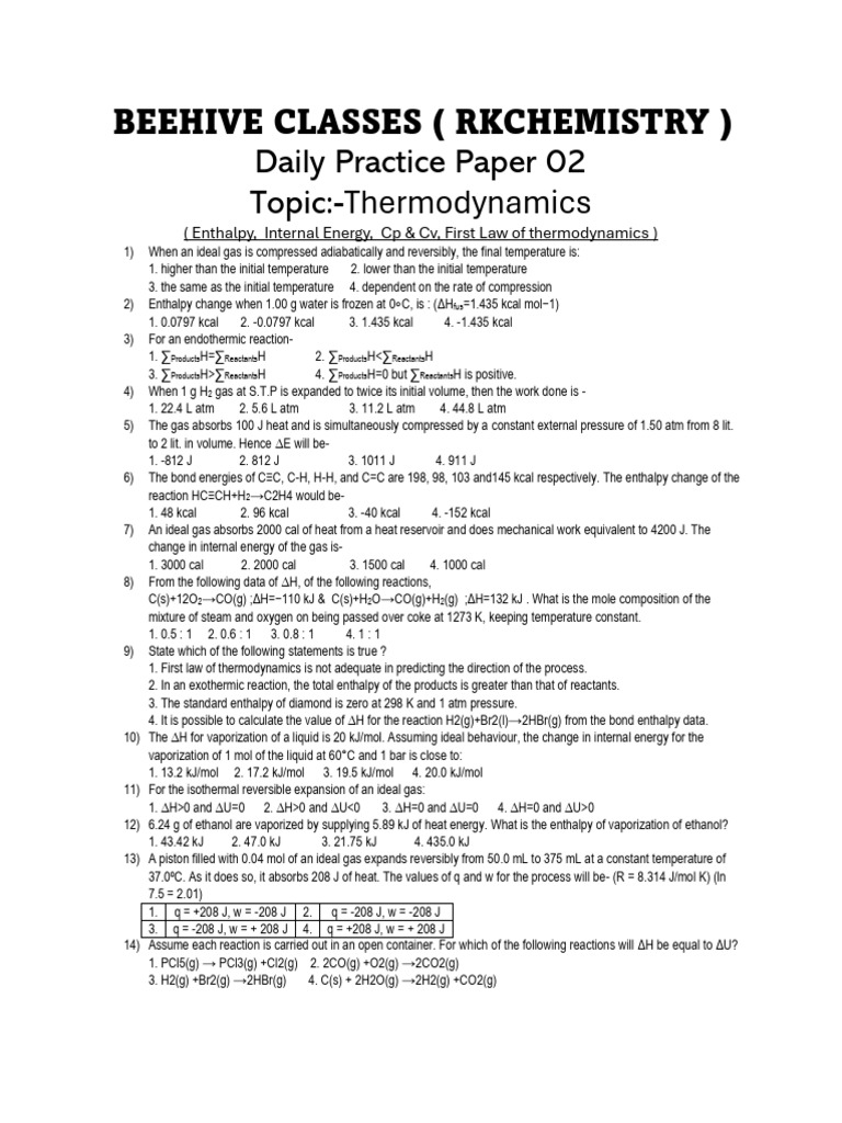 DPP Thermodynamics Class 11 Beehive Zone | PDF