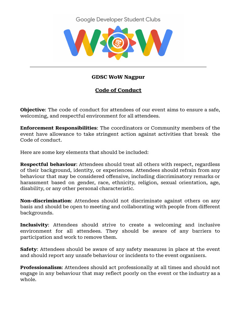 GDSC WoW Nagpur Code of Conduct | PDF | Discrimination | LGBTQIA+ Studies