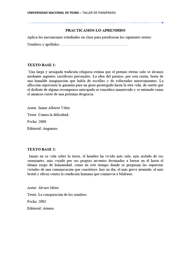 Practicamos Parafrasear | PDF
