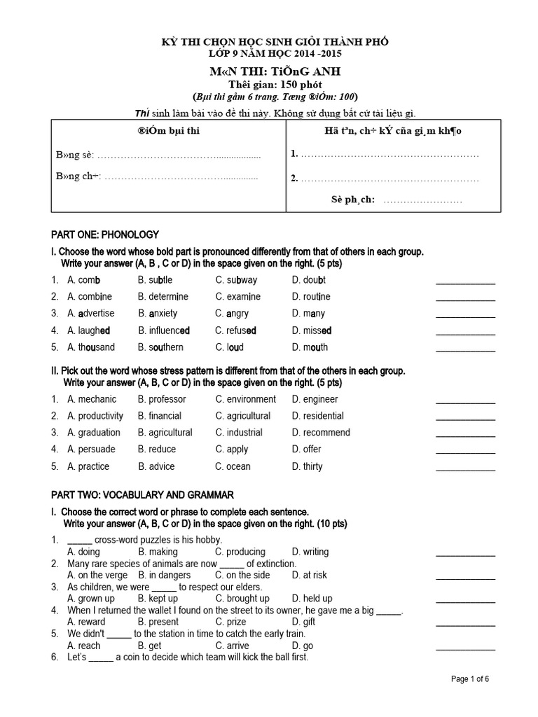 De Hoc Sinh Gioi Thanh Pho Tieng Anh Lop 9 | PDF | Cigarette | Verb