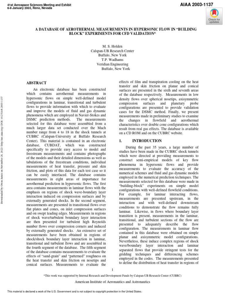 A Database of Aerothermal Measurements in Hypersonic Flow in "Building | PDF | Fluid Dynamics ...