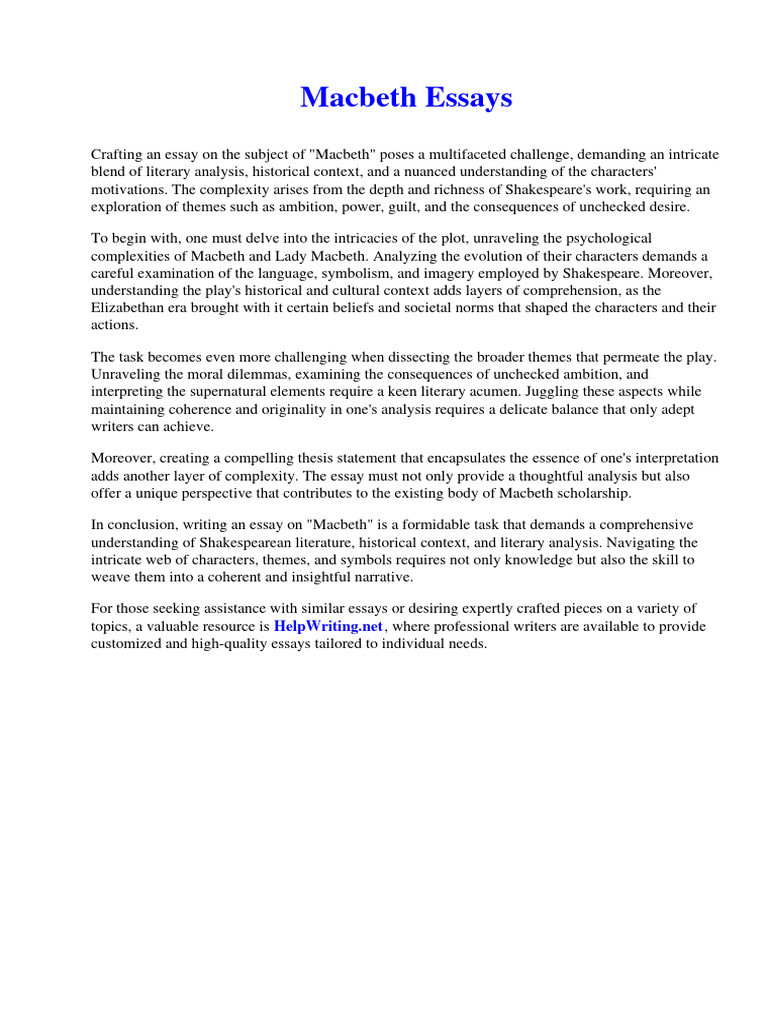 Macbeth Essays | PDF | Censorship | Essays