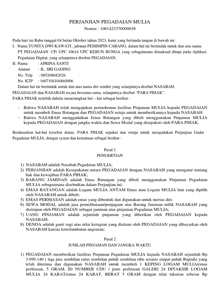 Perjanjian Pegadaian Mulia | PDF