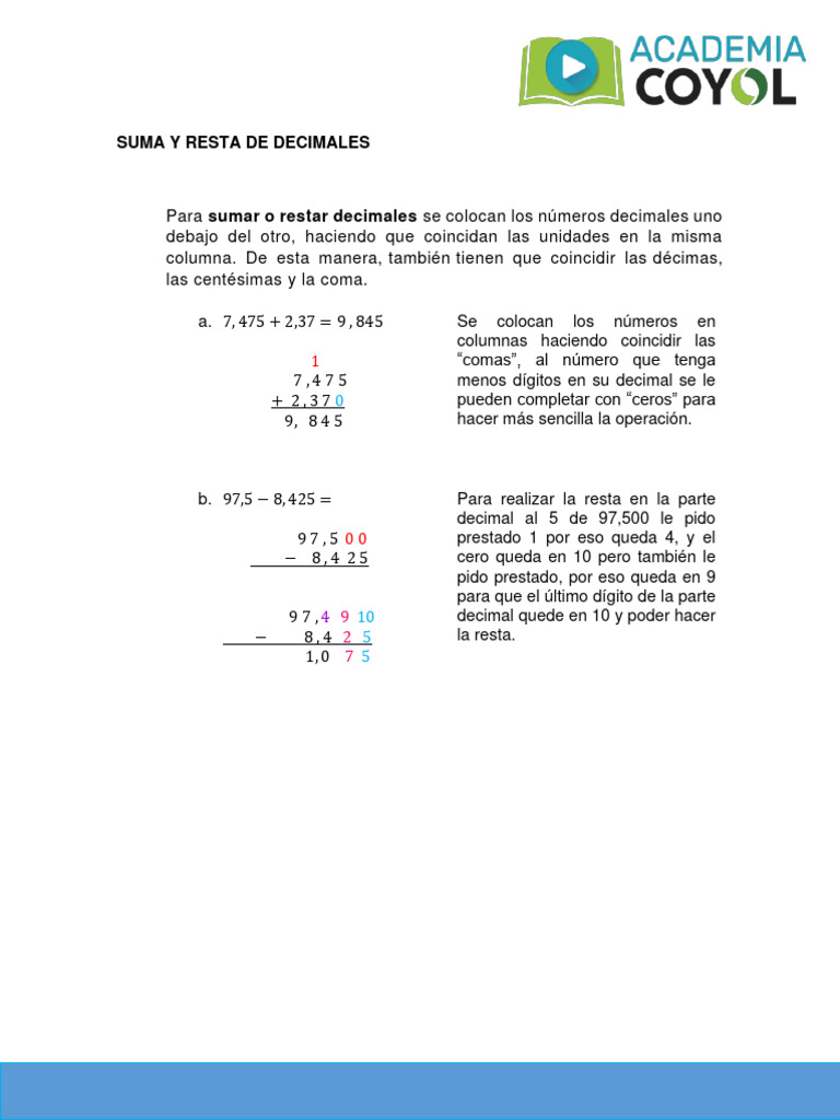 Ejercicios de Suma y Resta de Decimales | PDF | Sustracción | Matemáticas