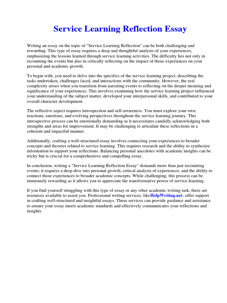 Service Learning Reflection Essay | PDF | Computer Network | Service ...