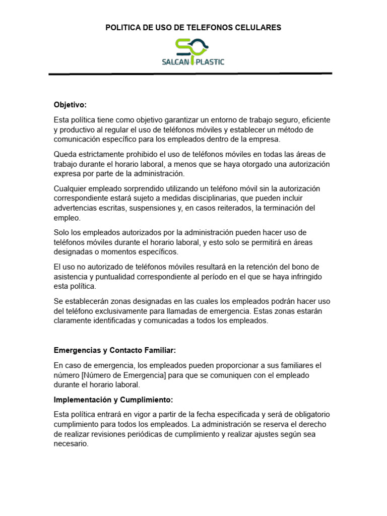 Prohibición del Uso de Celulares en el Trabajo | PDF