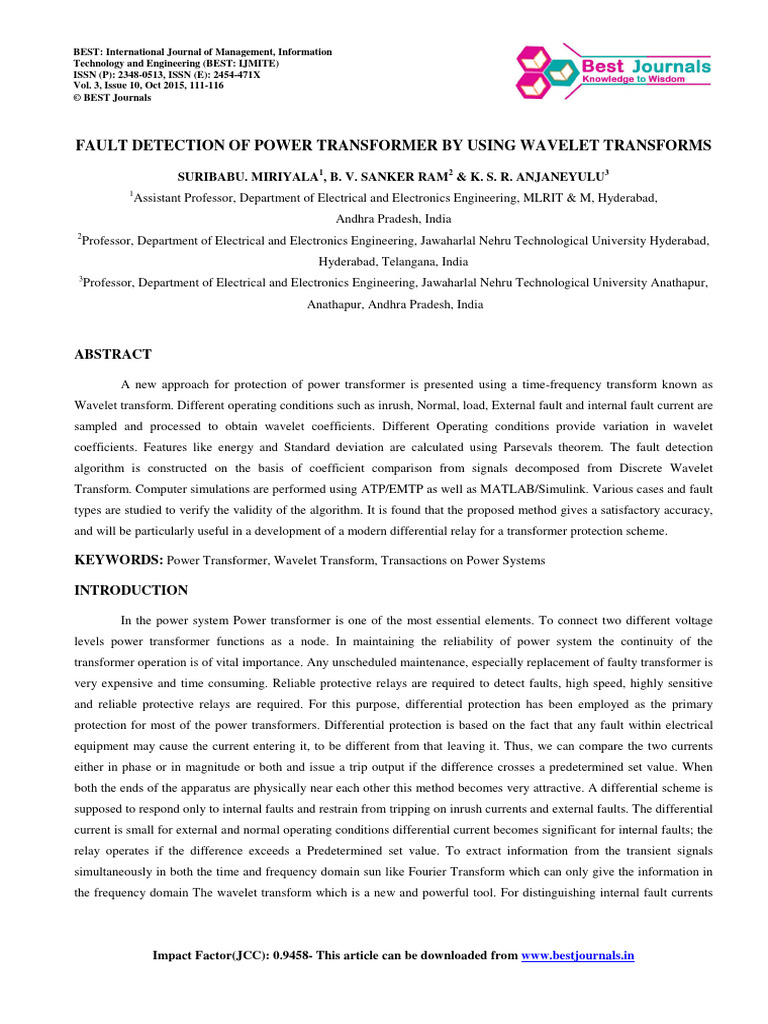 Fault Detection Of Power Transformer By Pdf Wavelet Electrical Engineering
