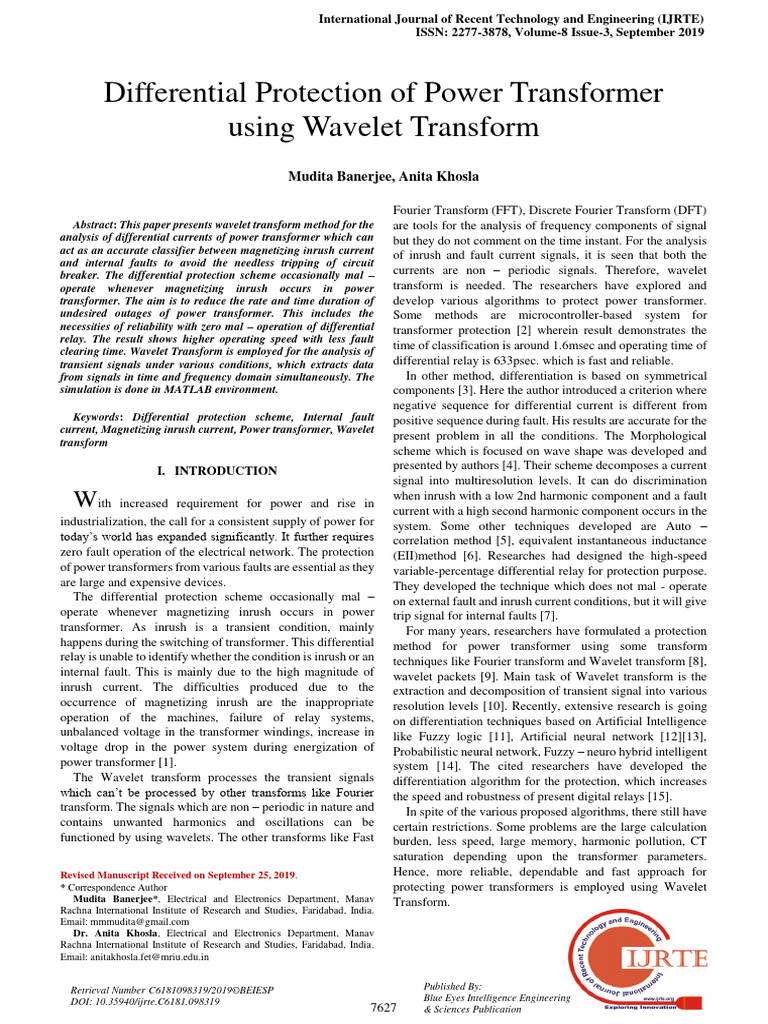 Differential Protection of Power Transfo | PDF | Wavelet | Electrical Engineering