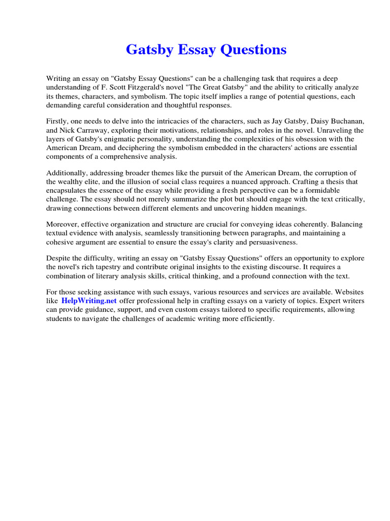 Gatsby Essay Questions | PDF | The Great Gatsby | Essays
