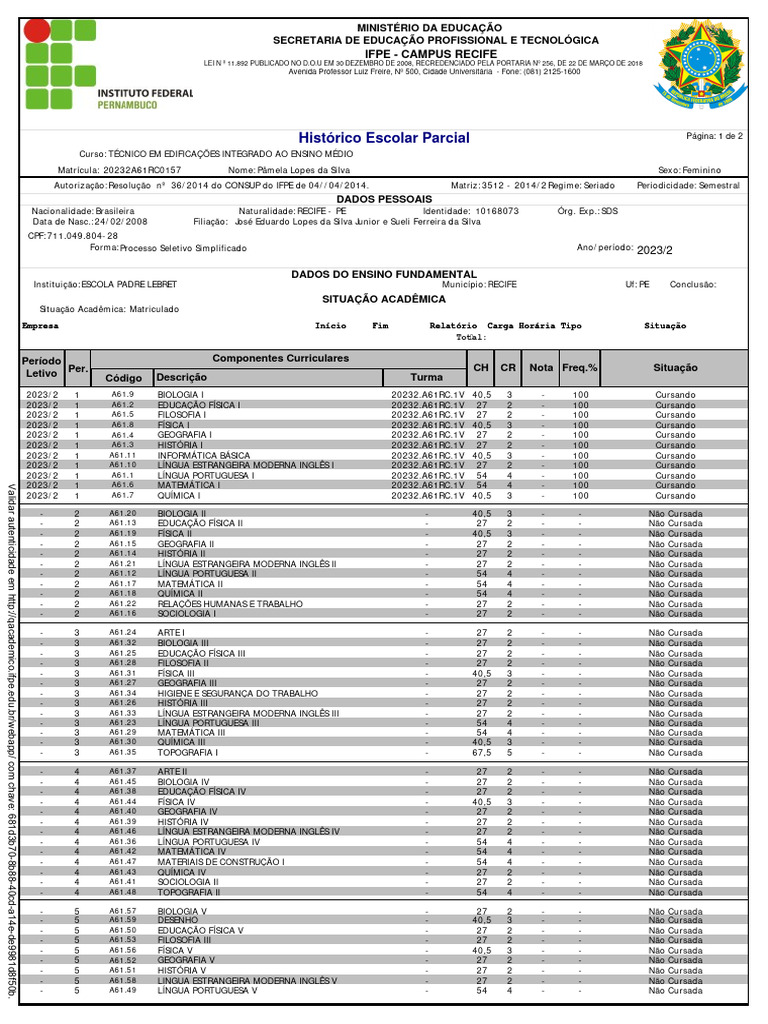 Histórico Escolar Parcial: Ifpe - Campus Recife | PDF | Science