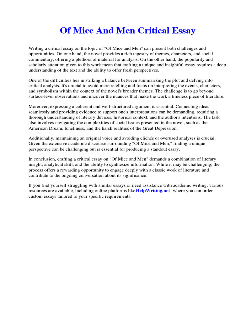 Of Mice and Men Critical Essay | PDF | Obesity | Sleep