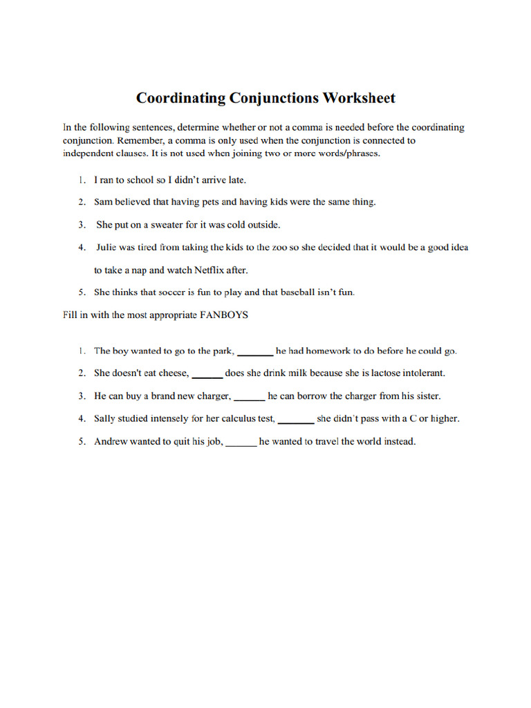 Coordinating Conjunctions Worksheet | PDF
