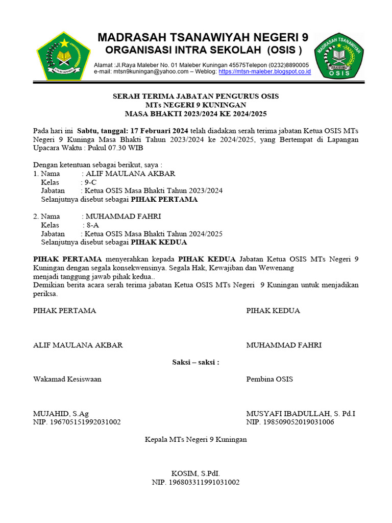 Berita Acara Serah Terima Jabatan Ketua Osis | PDF