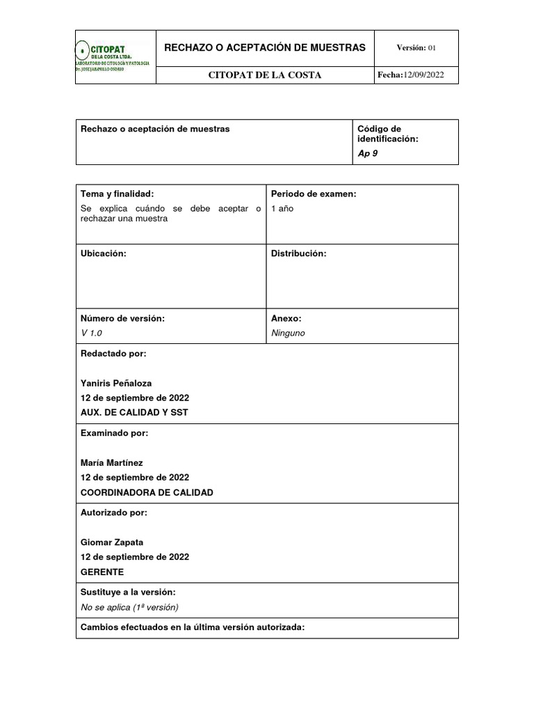 Ap9Aceptacion o Rechazo de Muestras | PDF | Laboratorios | Transporte